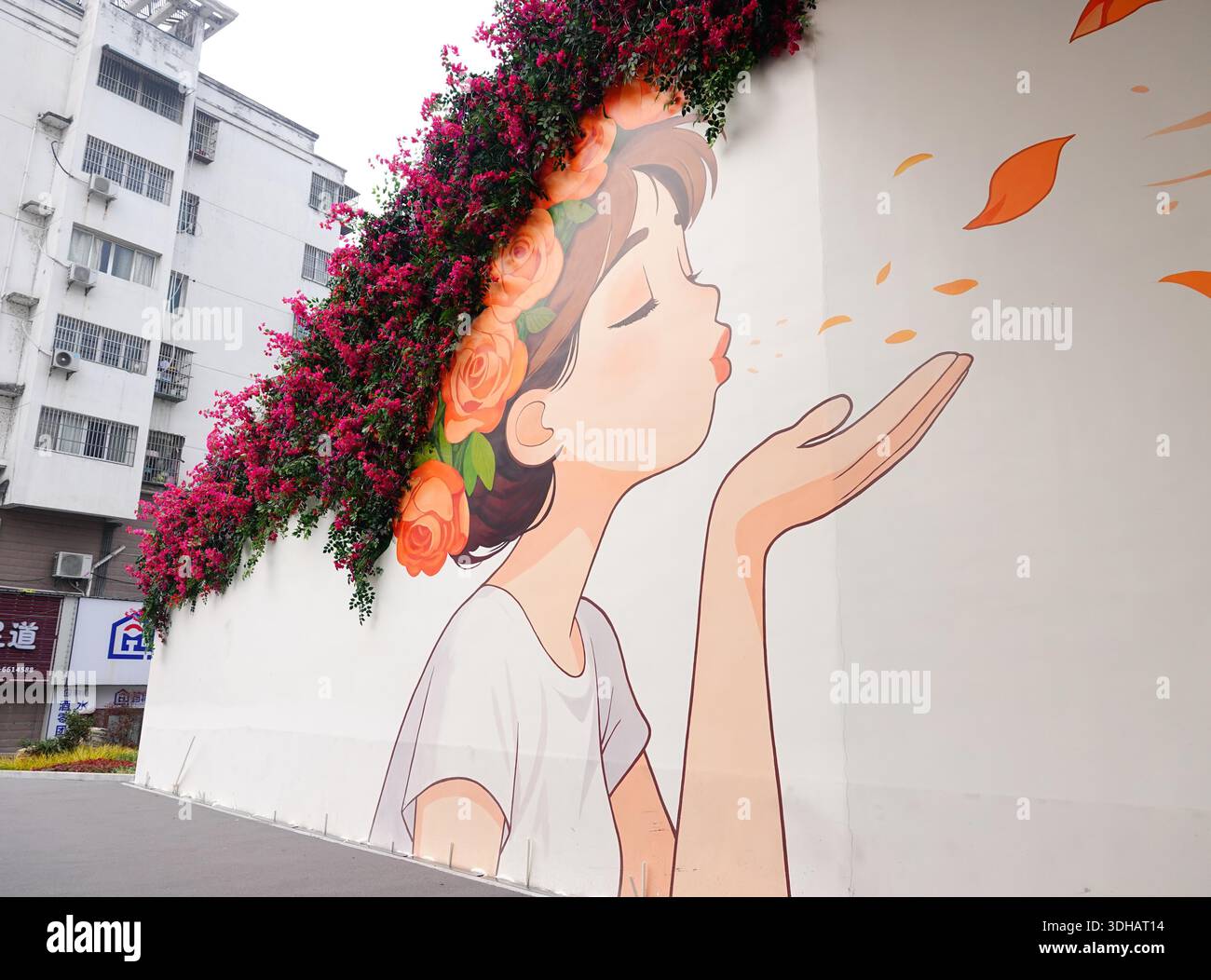 New large-scale artistic wall paintings with artificial bougainvillea ...