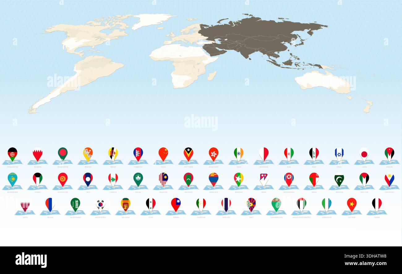 Maps of the World with Asian Country Pin Flags. Large Map & Flag ...