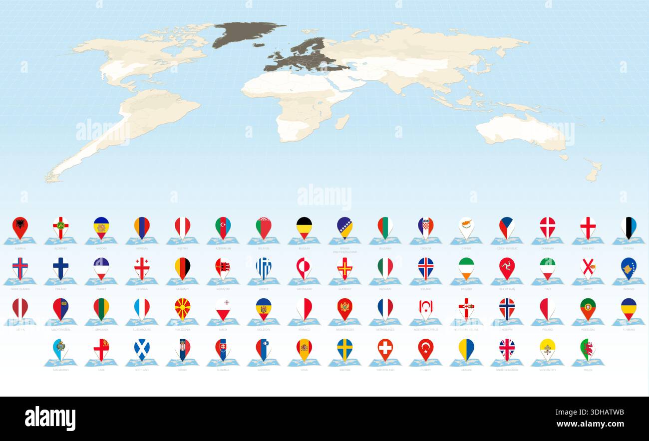 Maps of the World with European Country Pin Flags. Large Map & Flag ...