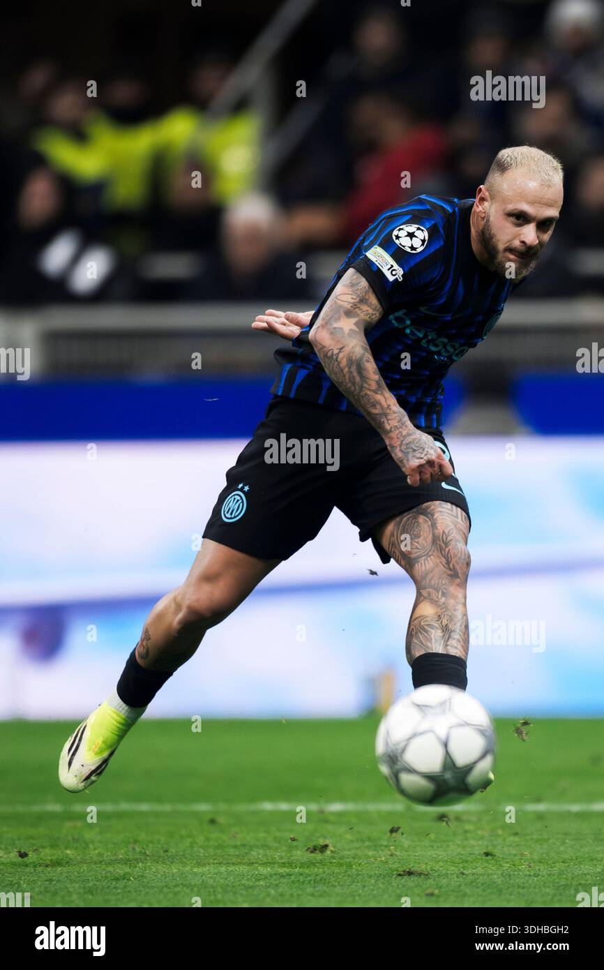 Federico Dimarco of FC Internazionale kicks the ball during the UEFA ...