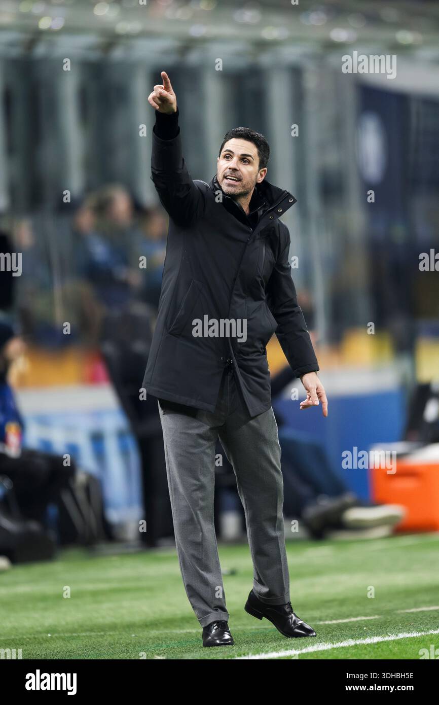 Mikel Arteta, head coach of Arsenal FC, gestures during the UEFA ...