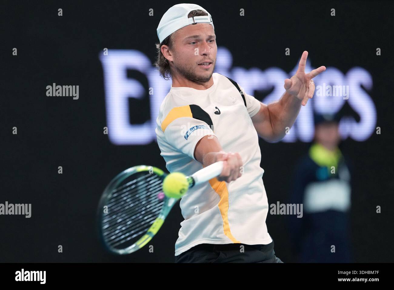 Alexandre Muller of France plays a forehand return to Alexander Zverev ...