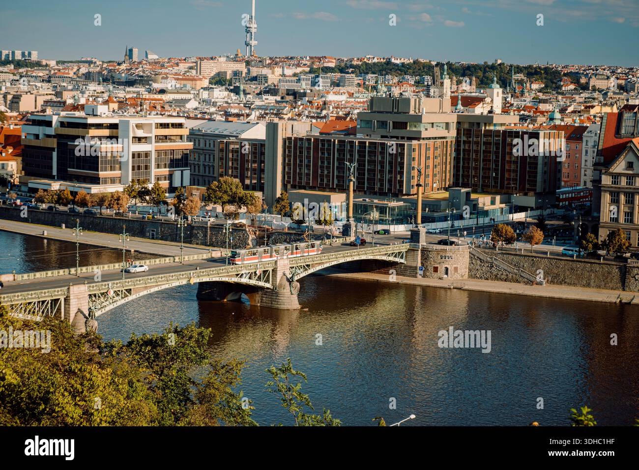 Vltava Crossing With Transit Lines, Modern Bridge Spanning Vltava With ...