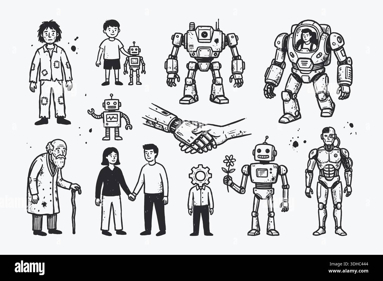 Doodle set illustrating humanity, advanced robotics, and the future of ...