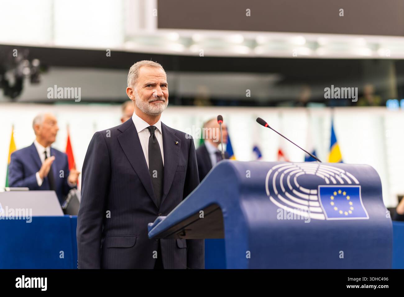 21 January 2026, France, Straßburg: King Felipe VI of Spain stands in ...