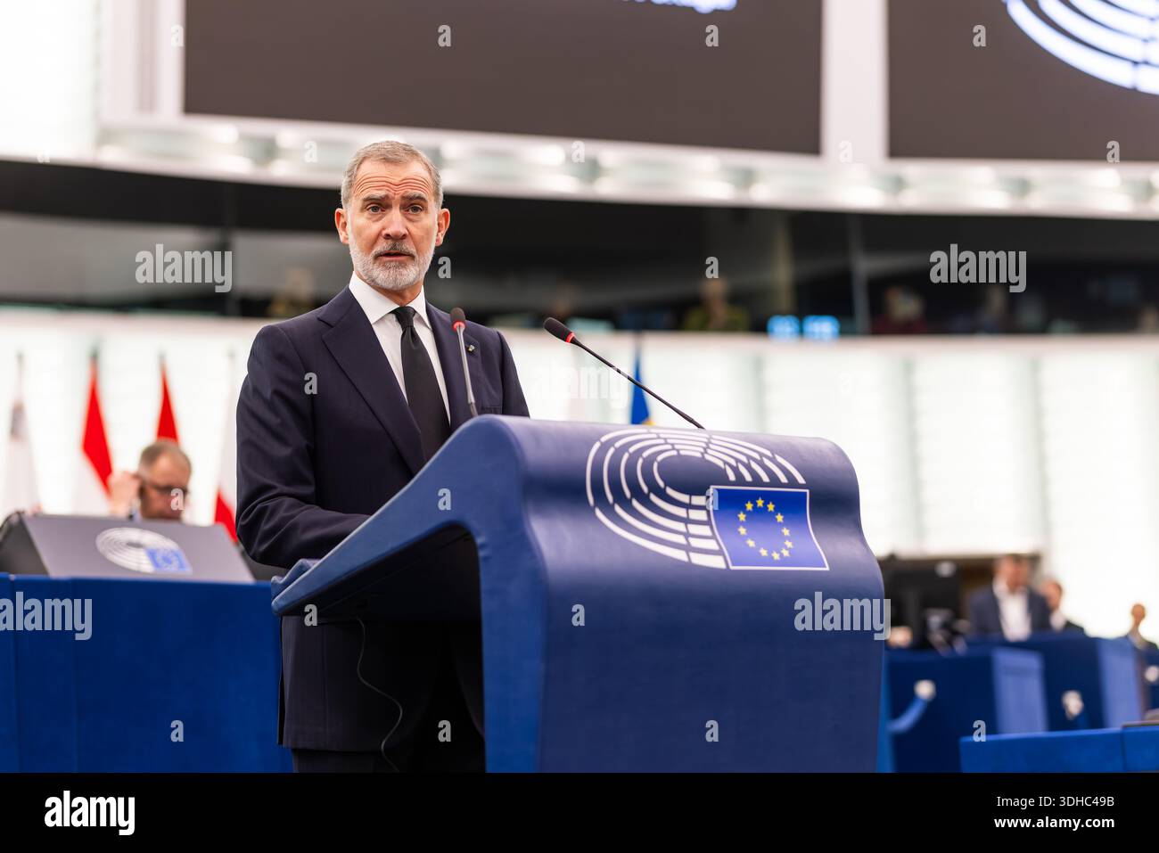 21 January 2026, France, Straßburg: King Felipe VI of Spain stands in ...