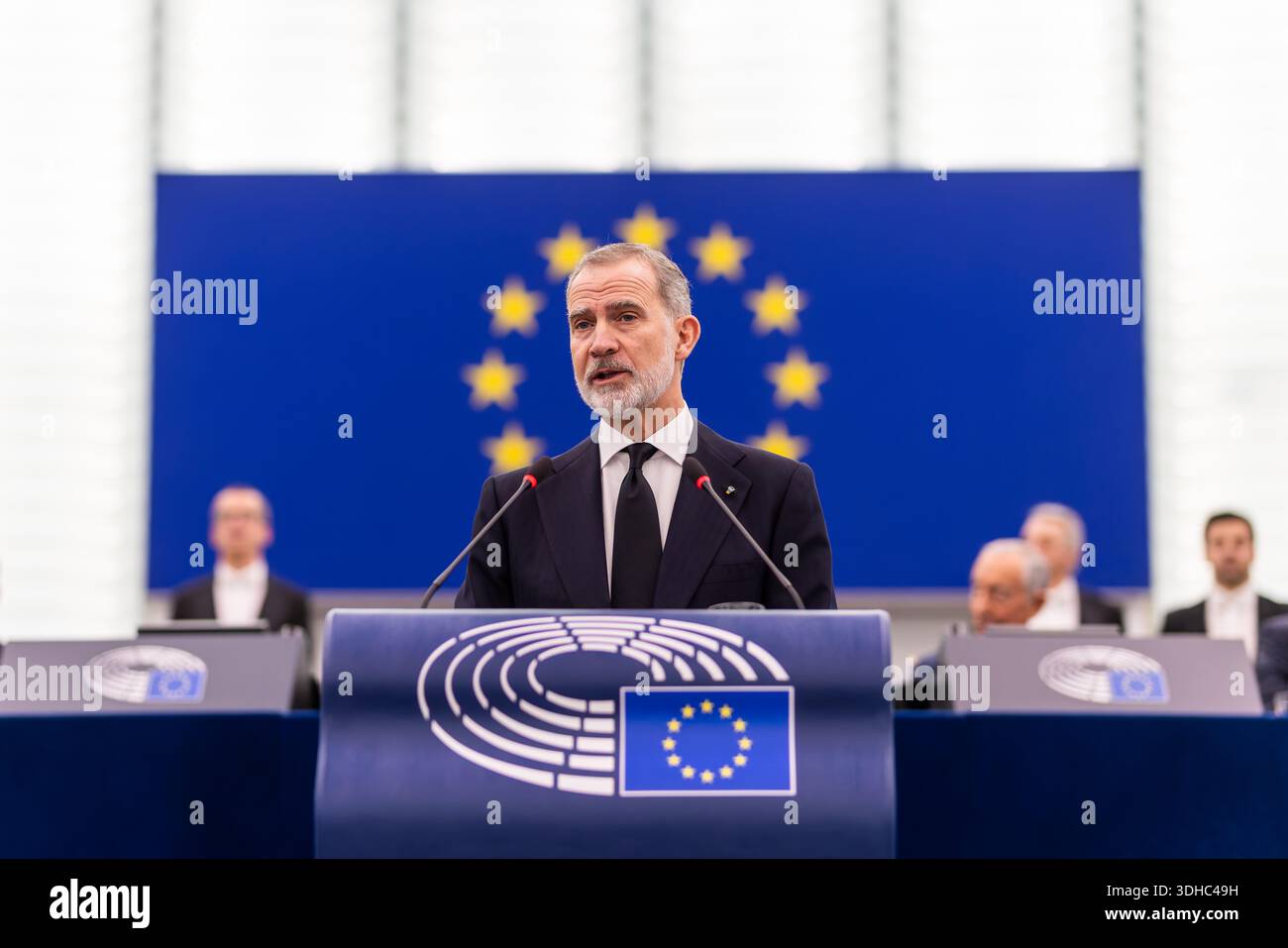 21 January 2026, France, Straßburg: King Felipe VI of Spain stands in ...