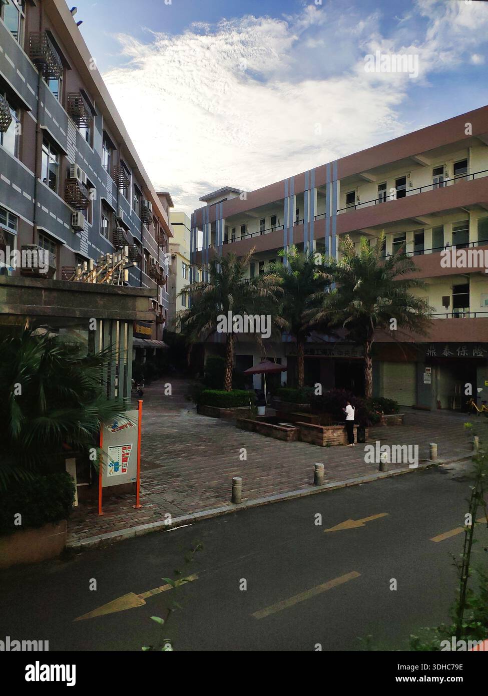 Street View of a Residential Complex with Palm Trees and Multi-Story ...