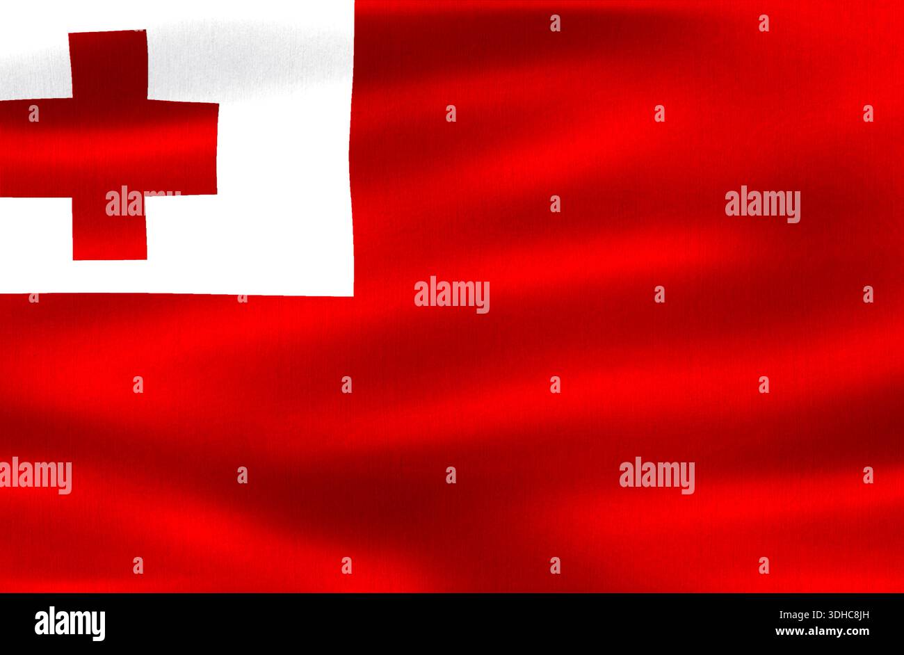 Close-up of the national flag of Tonga with red waving fabric texture ...