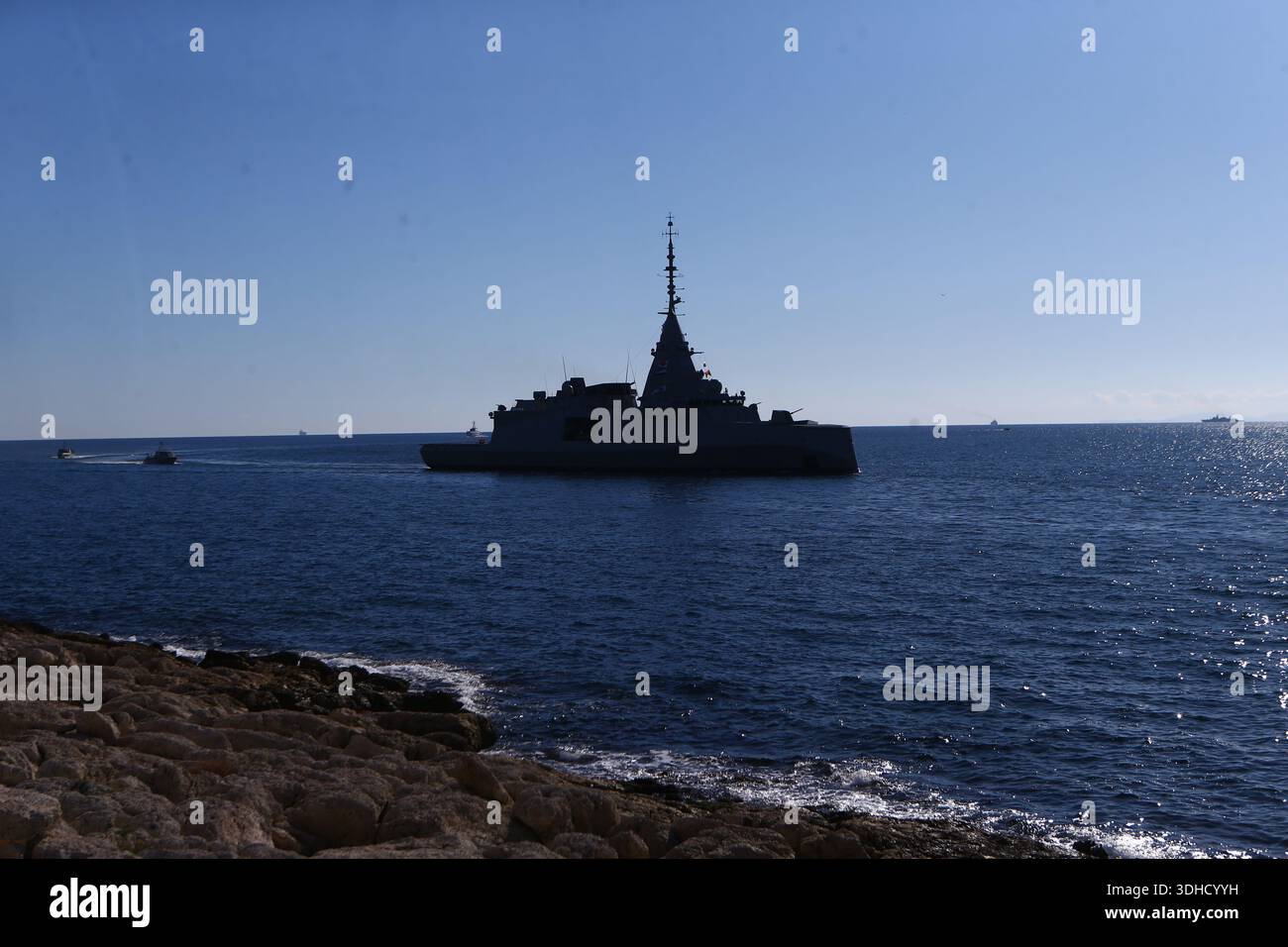 A Belharra-class frigate is seen sailing as it arrives today at the ...