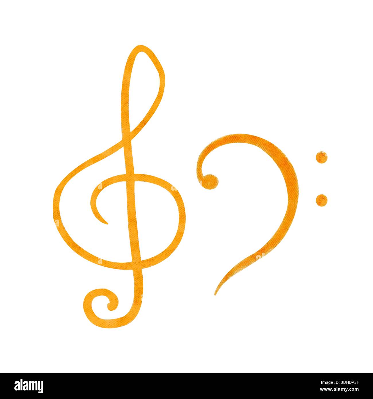 Bass clef, treble clef musical symbols hand-painted watercolor isolated ...