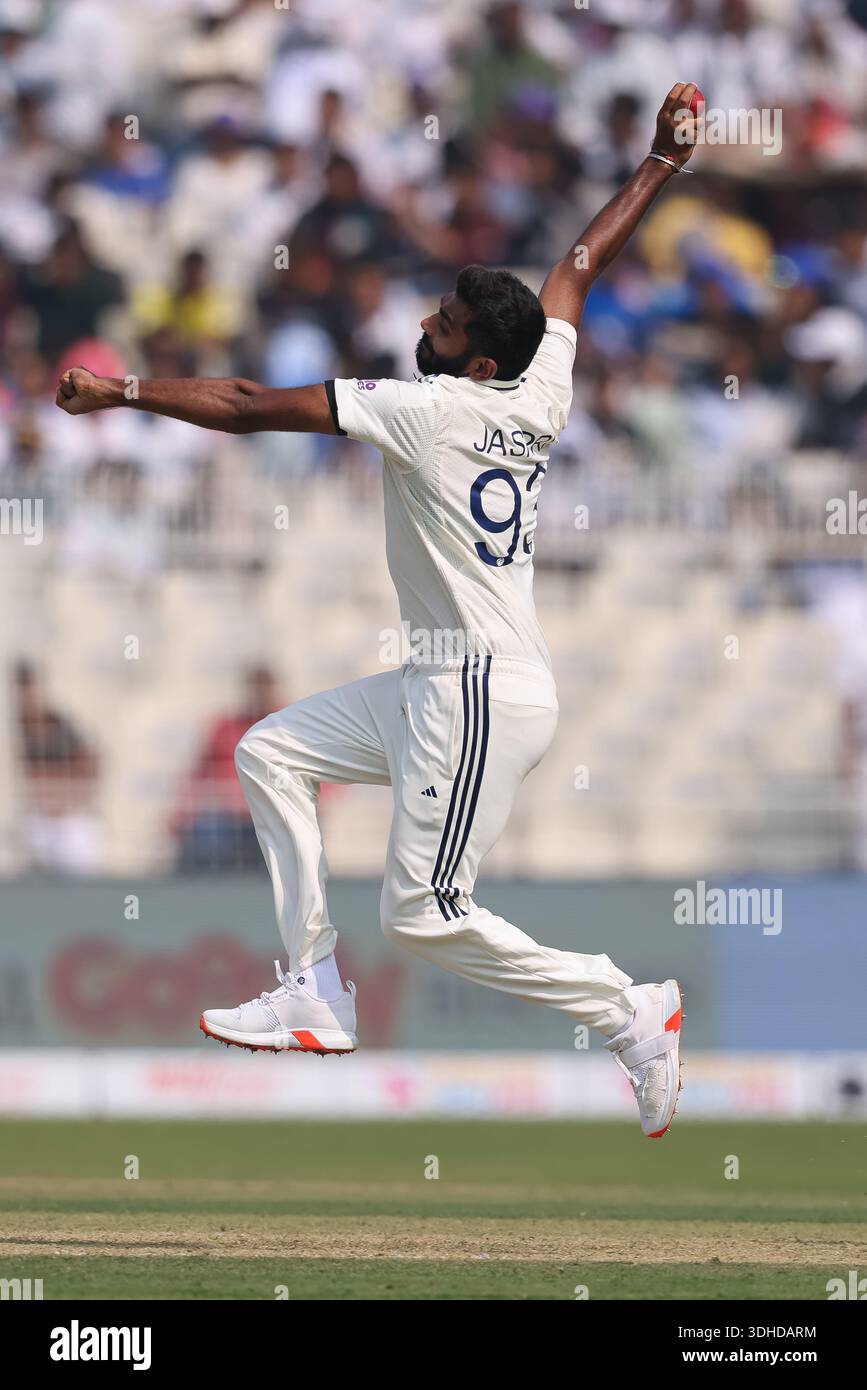 Jasprit Bumrah of India sprints in action with a red ball during the ...