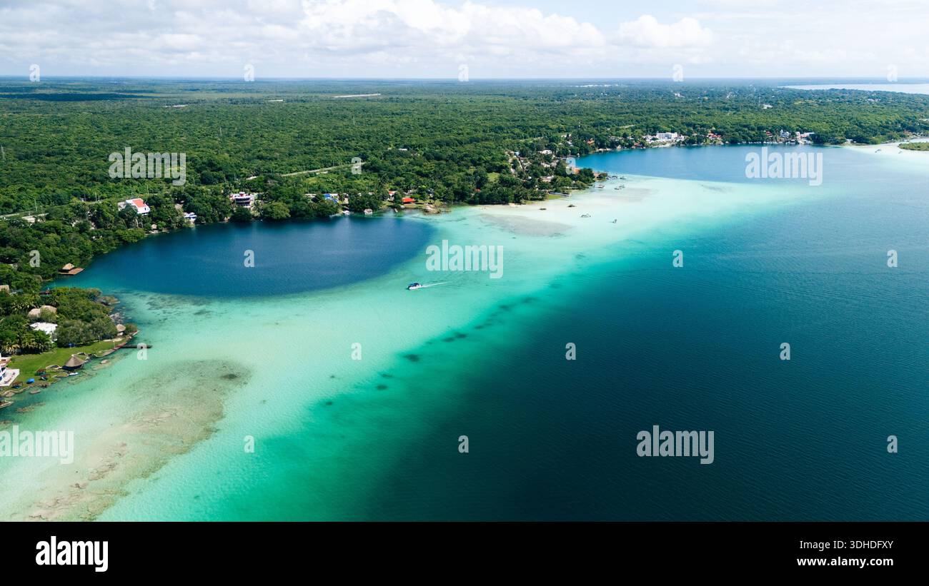 Aerial view of the contrasting turquoise waters meeting the deep blue ...