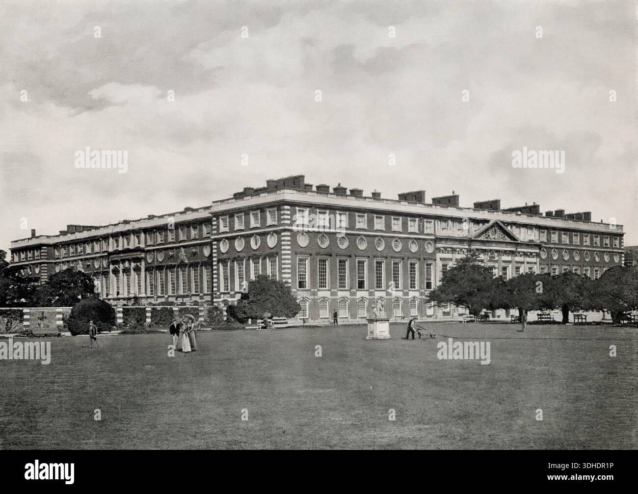 Hampton Court Palace, London. Black and white historic photograph of ...