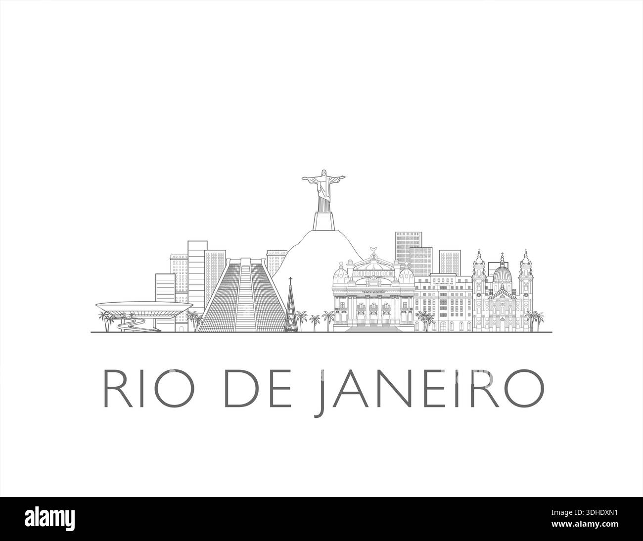 Rio skyline, Brazil. Urban cityscape with landmarks and monuments. Hand ...