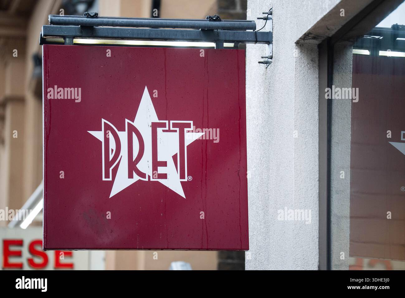 A Pret A Manger logo on a storefront in Bayswater, west London. Picture ...
