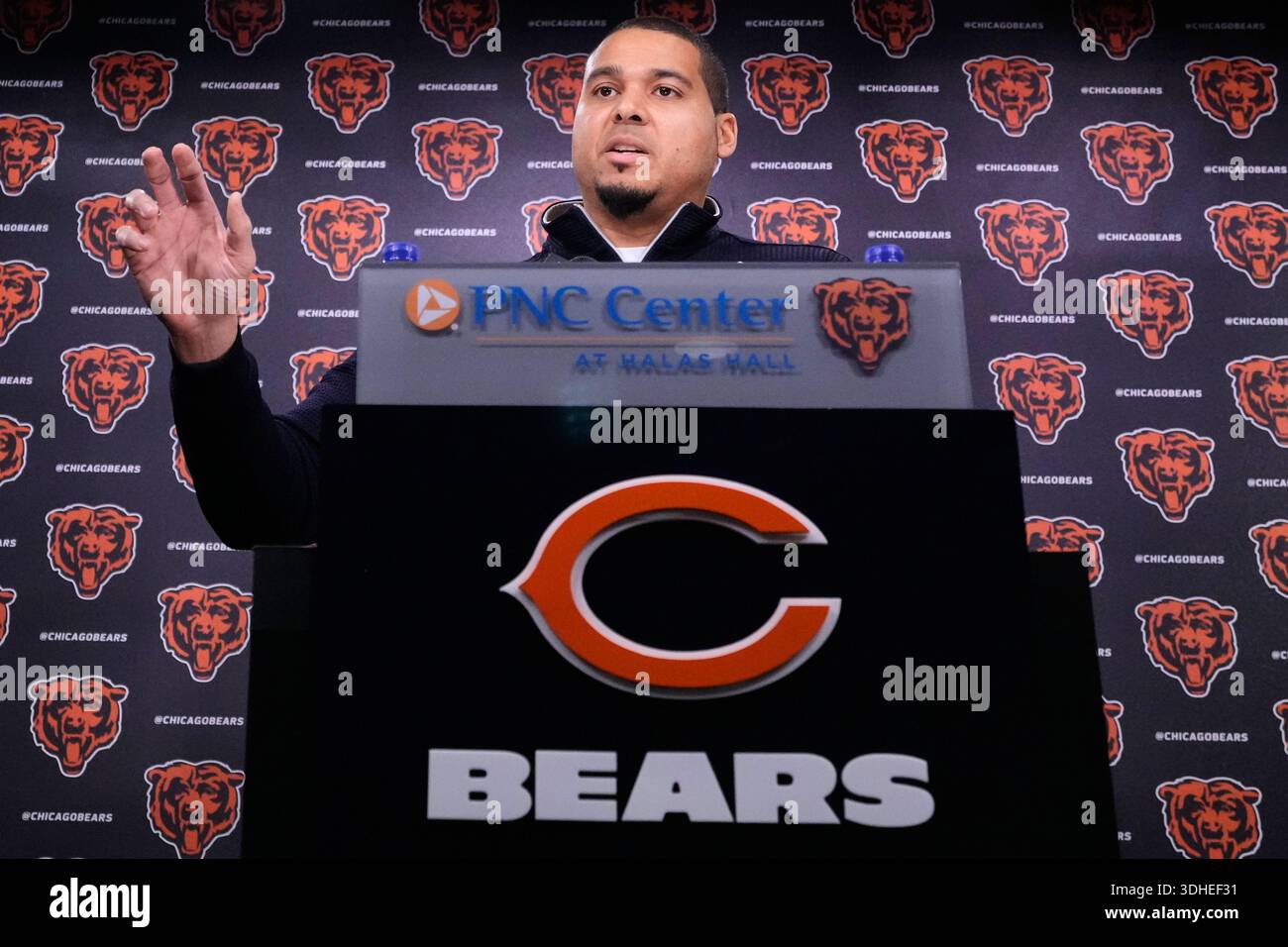 Chicago Bears general manager Ryan Poles talks to media at a news ...