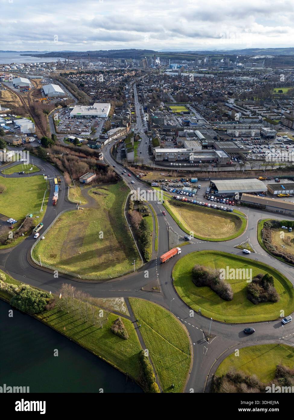 Aerial drone view of Grangemouth Port and Grangemouth town centre ...