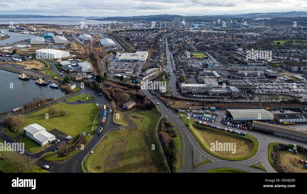 Aerial drone view of Grangemouth Port and Grangemouth town centre ...