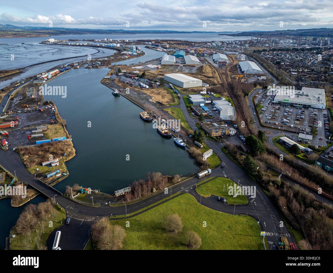 Aerial drone view of Grangemouth Port and Grangemouth town centre ...