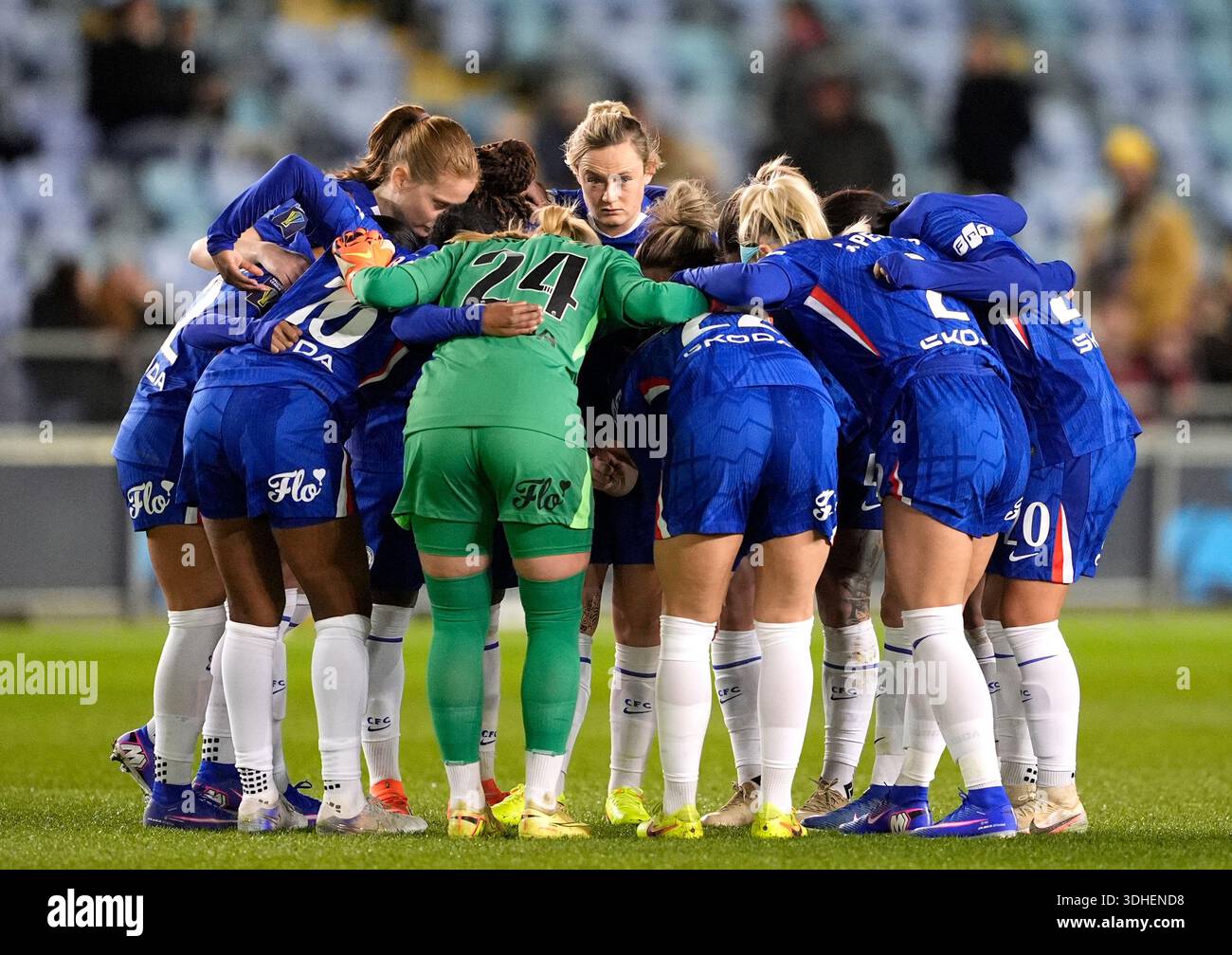 Chelsea players huddle ahead of the Subway Women's League Cup match at ...