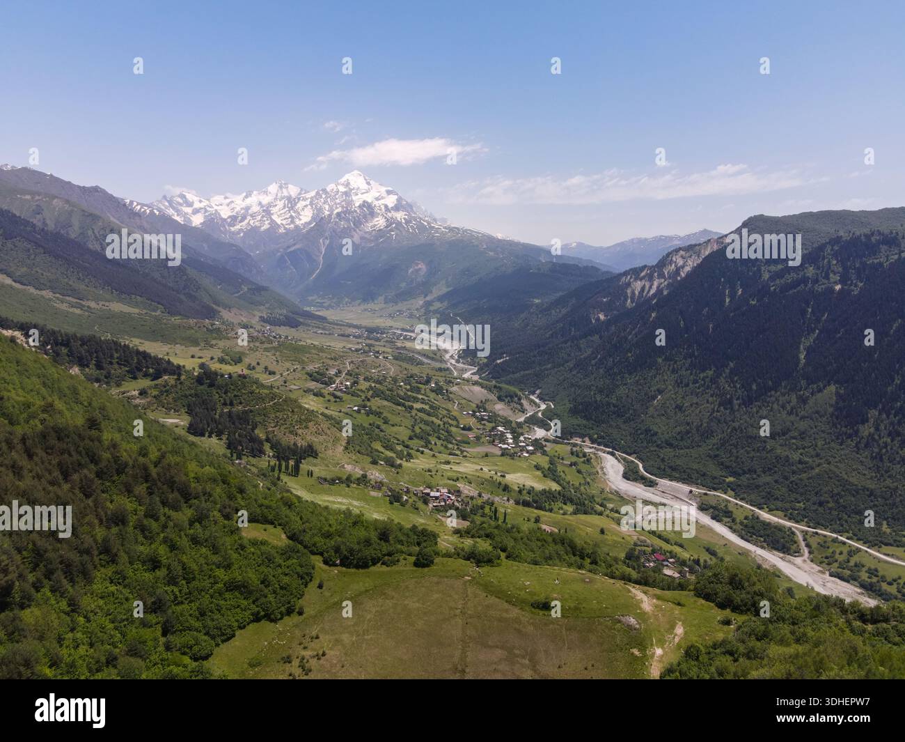 Aerial view of Upper Svaneti in Georgia shows Mount Ushba and Greater ...