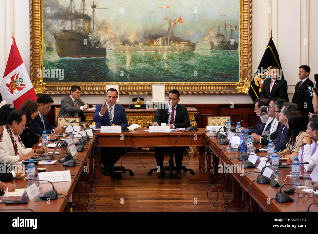 Peru's Interim President Jose Jeri, center left, speaks to lawmakers ...