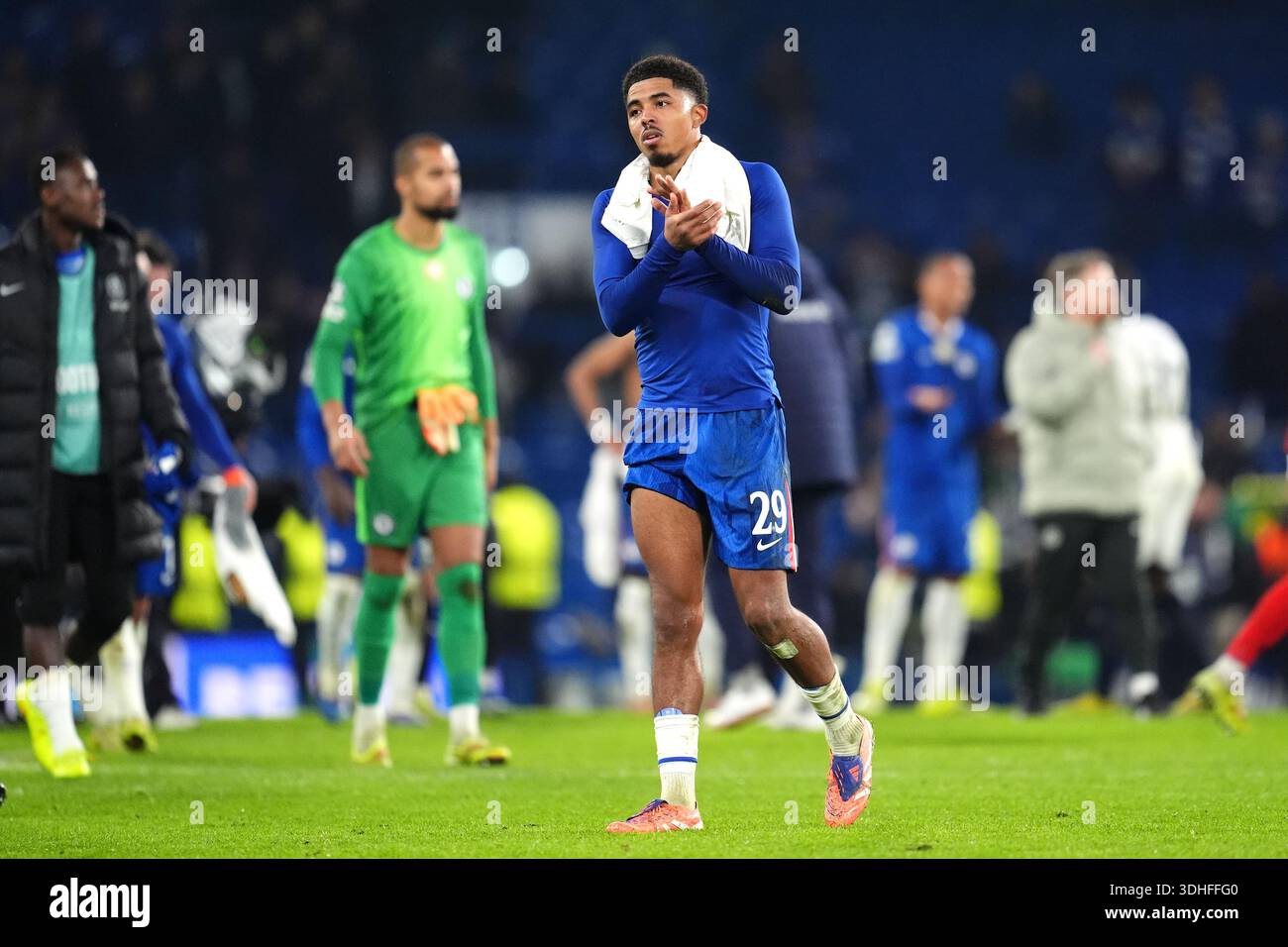 Chelsea's Wesley Fofana applauds the fans following victory in the UEFA ...