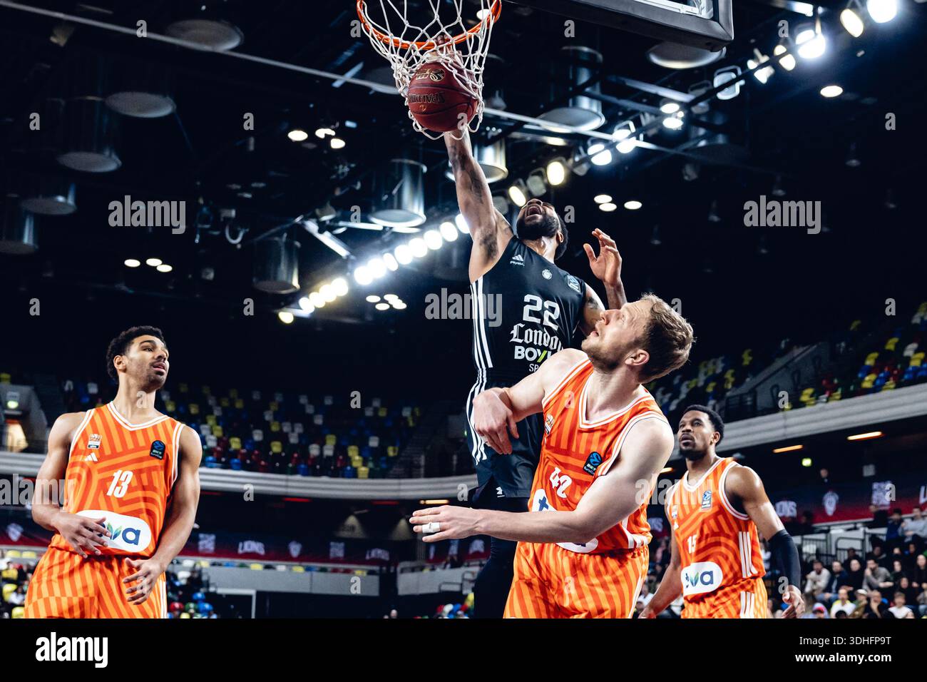 London, UK. 21 January, 2026 Lions' player Tarik Phillip dunks the ball ...
