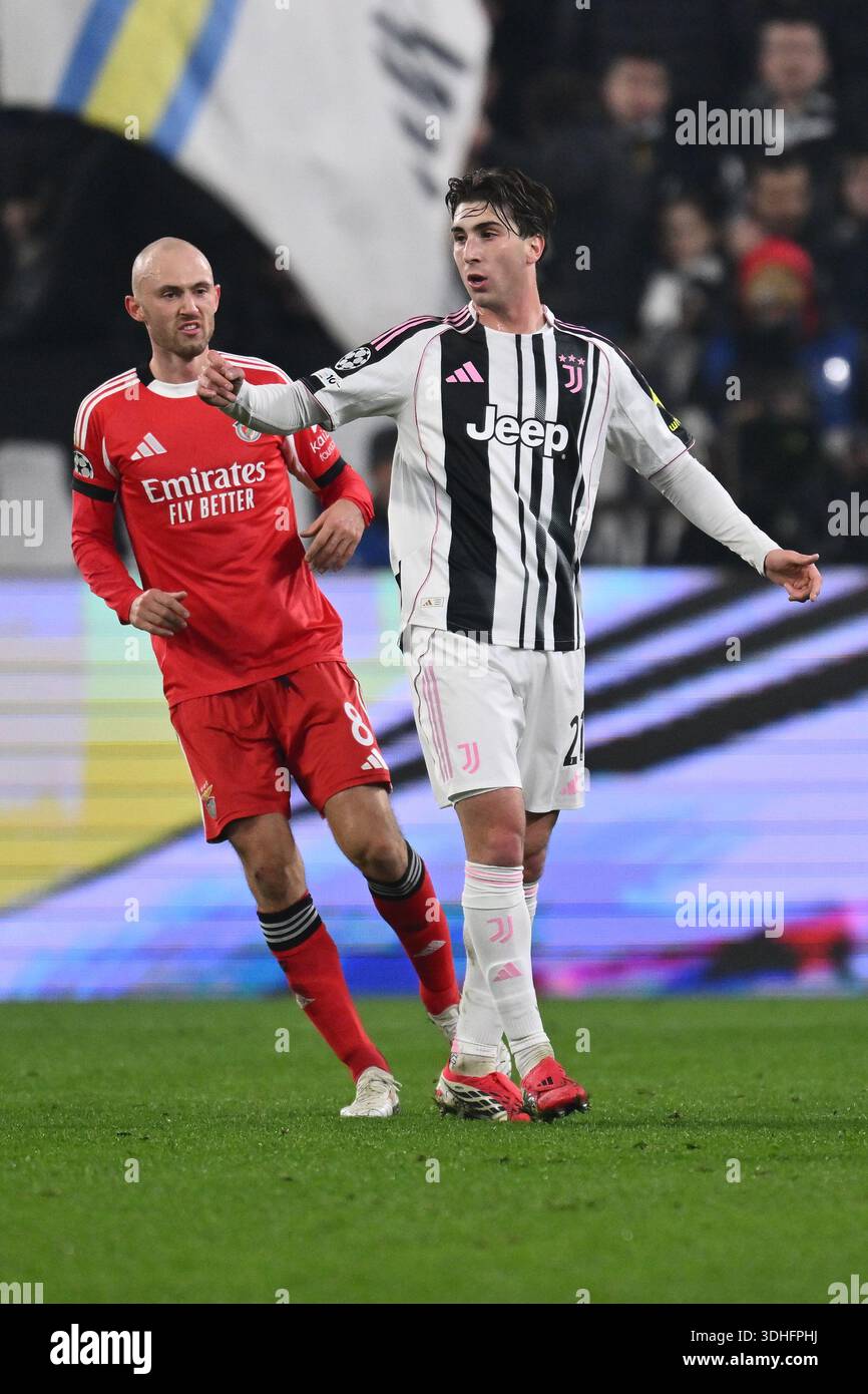 Fredrik Aursnes of S.L. Benfica and Fabio Miretti of Juventus F.C. are ...