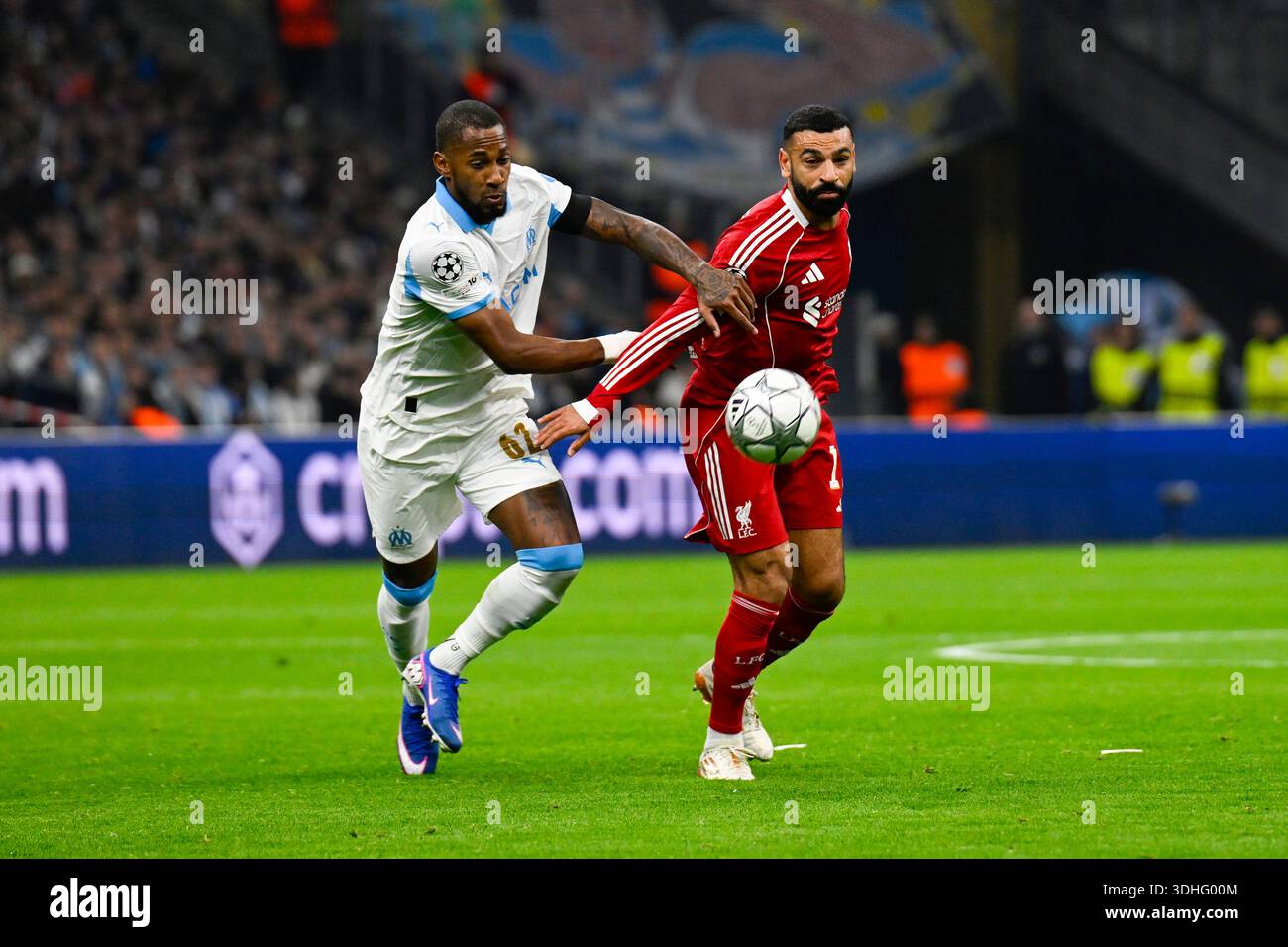 21st January 2026: Marseille, France: Amir Murillo (OM) challenges ...