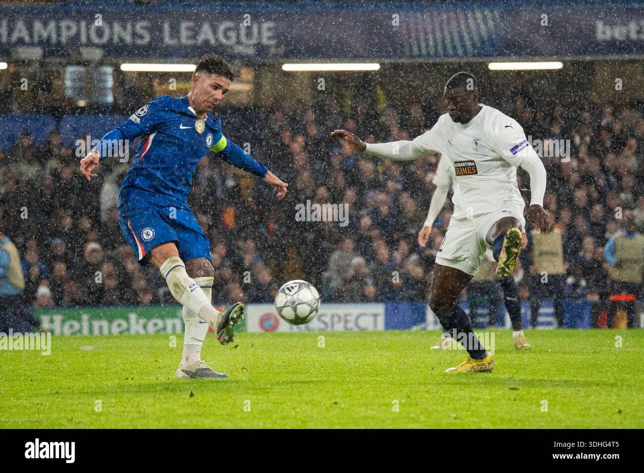 Enzo Fernandez (L) passing through Ken Sema (R) during the UEFA ...