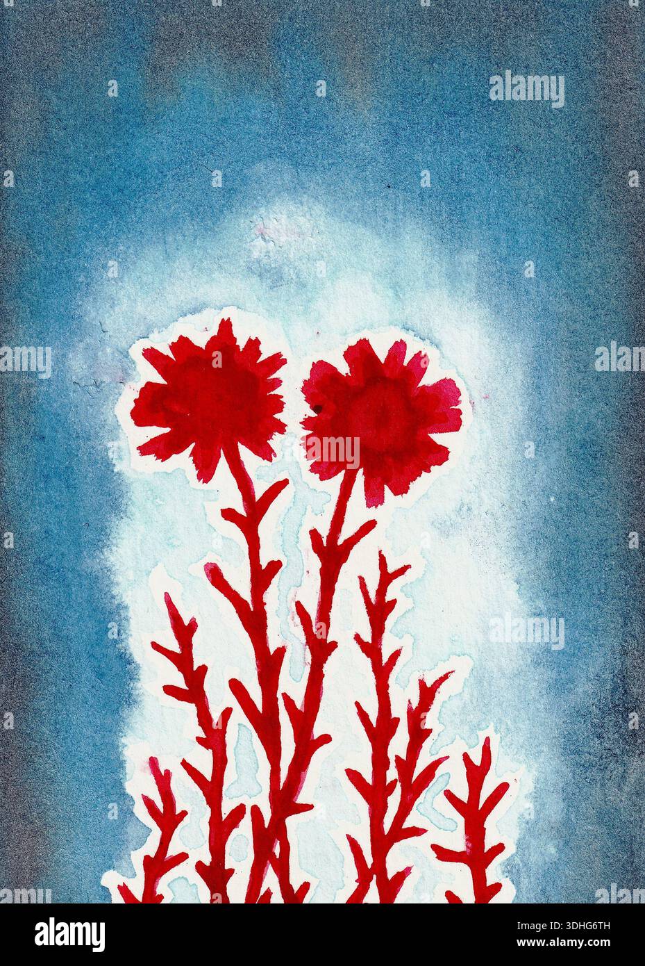 watercolor painting of red flower with thorns painted in abstract style ...