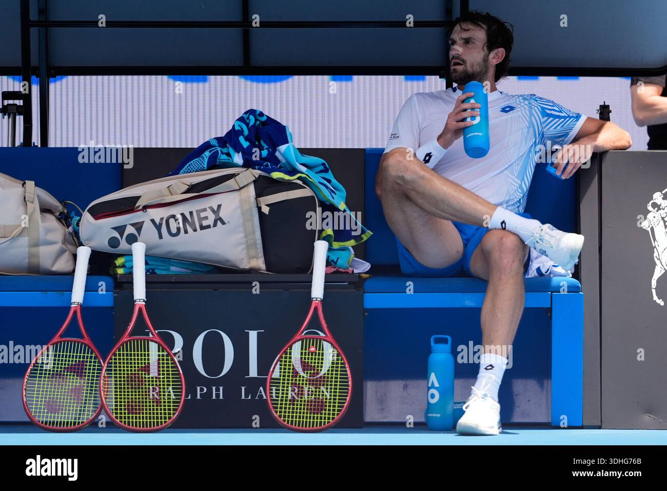 Valentin Vacherot of Monaco rets between games in his second round ...