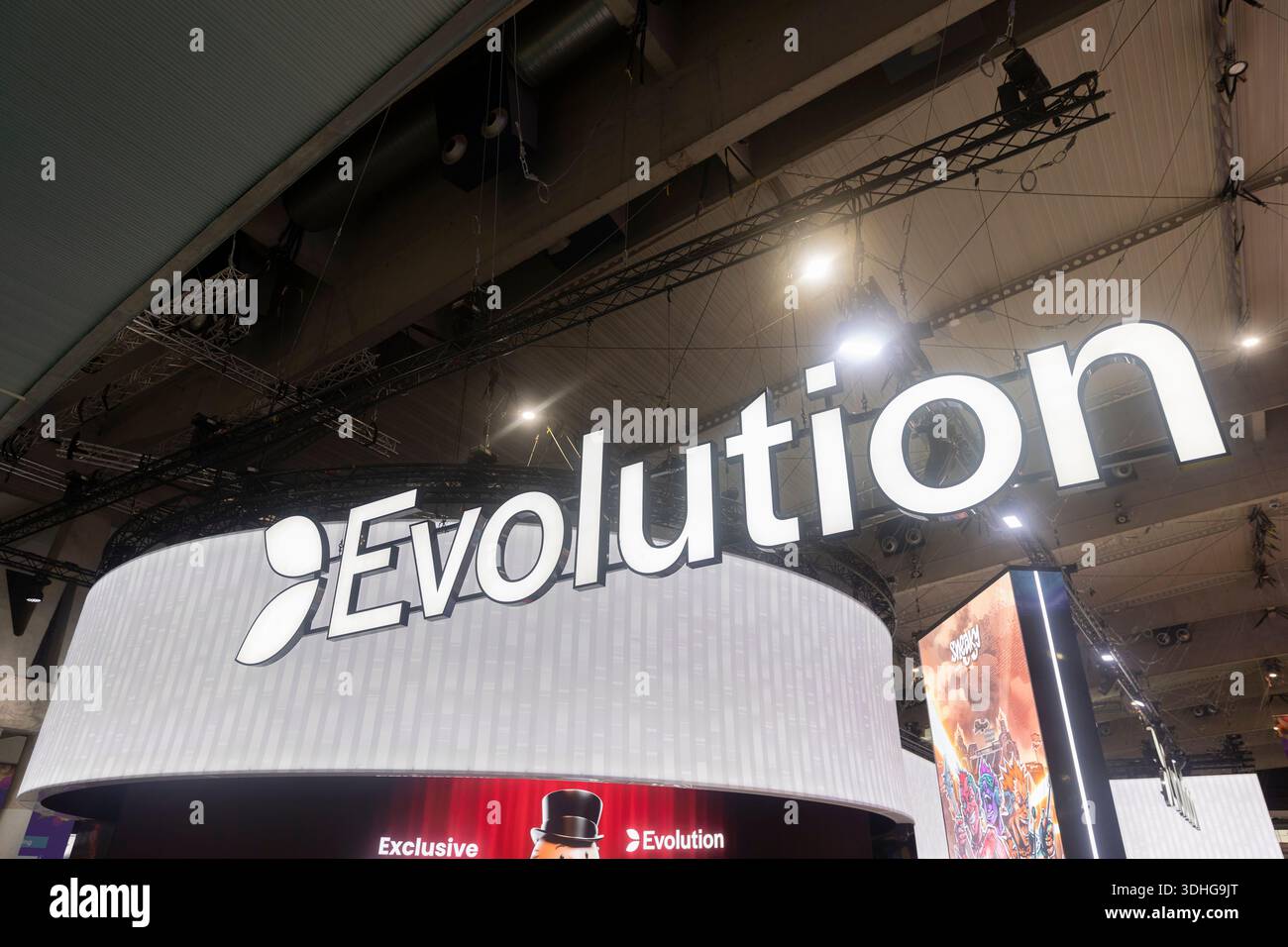 Evolution AB logo seen during the third day of ICE Barcelona 2026 ...