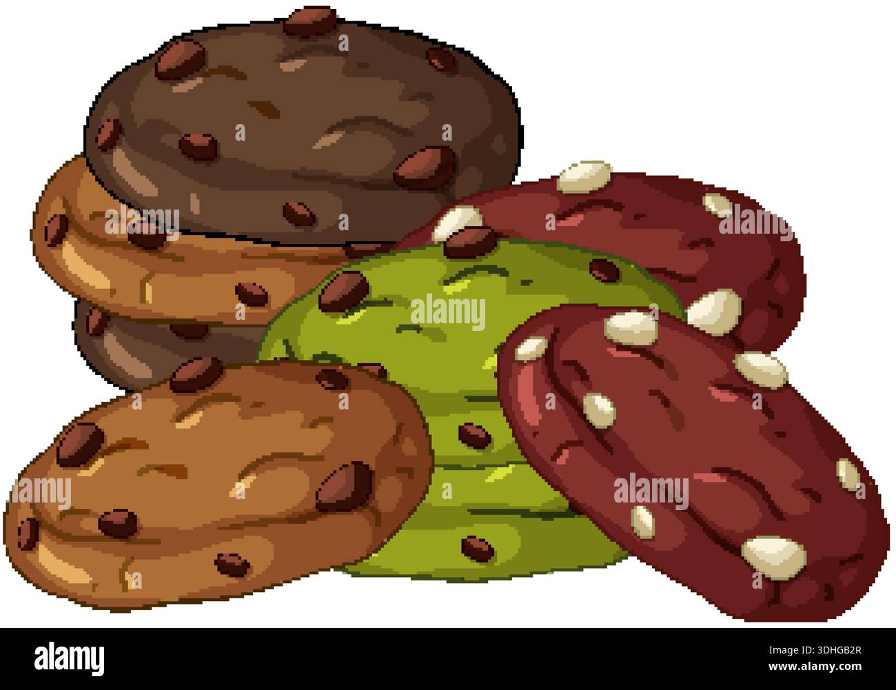 Vector illustration of colorful cookies including matcha, chocolate ...