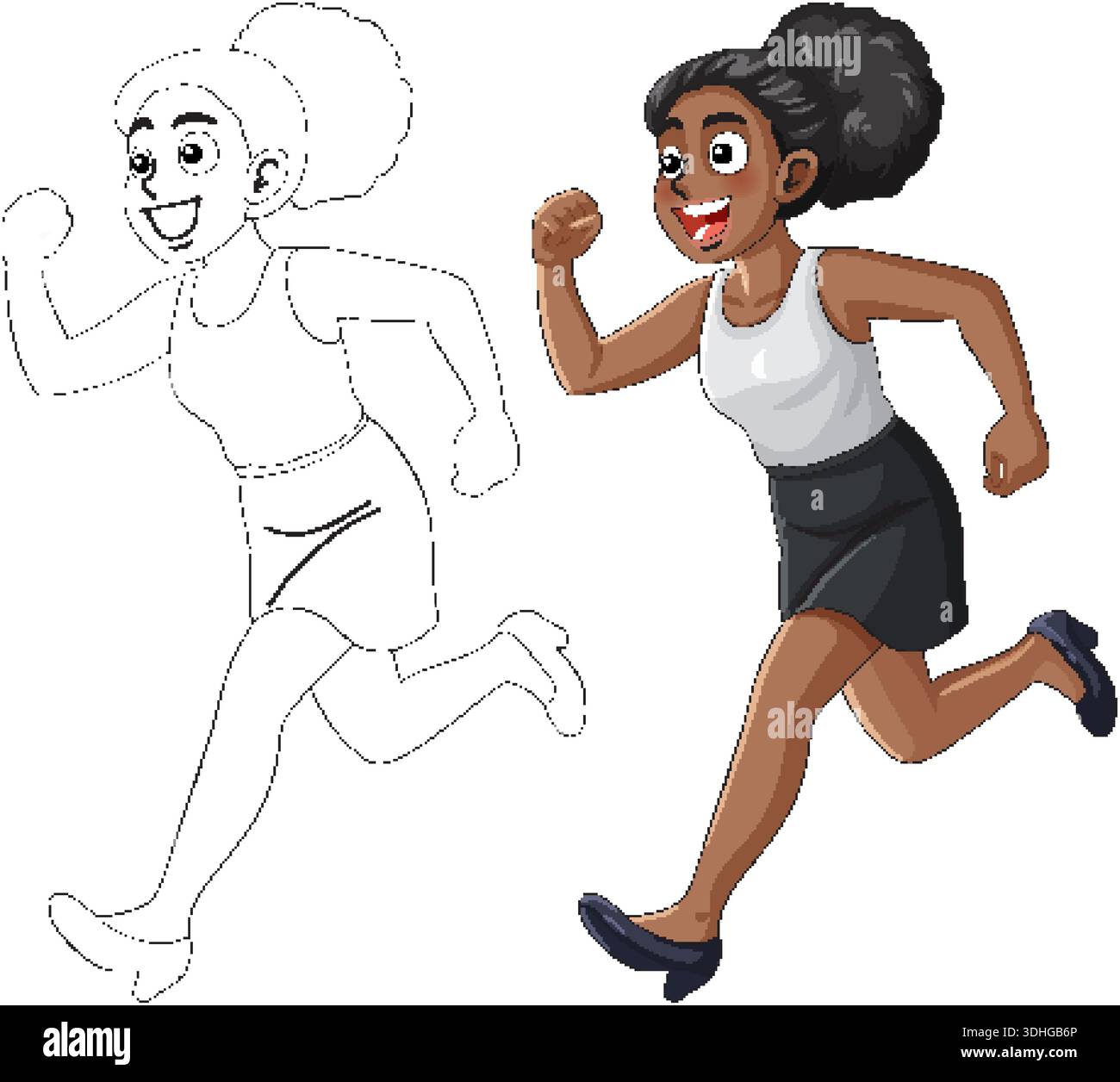 Cartoon woman running, shown in both outline and colored vector style ...