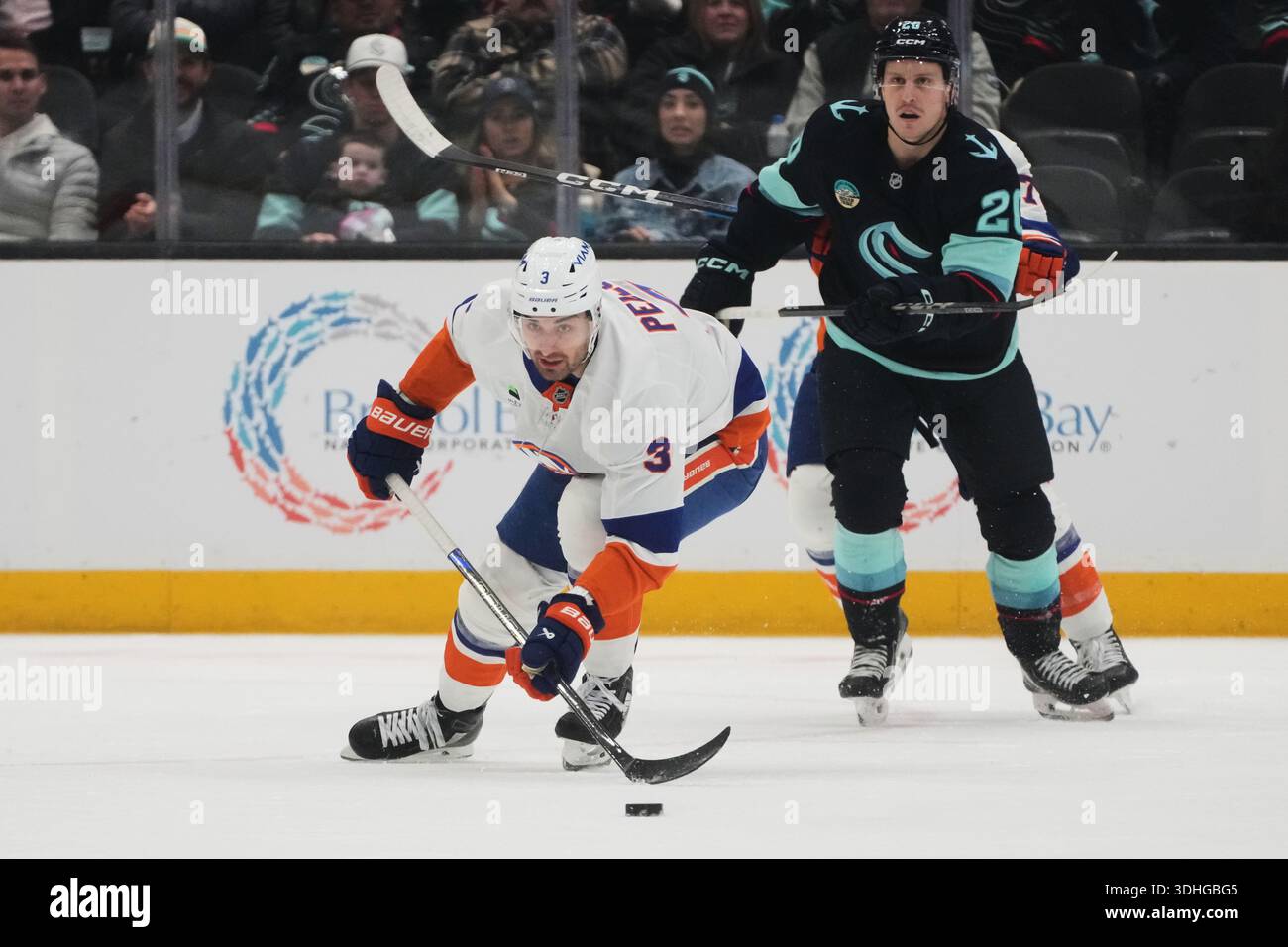 New York Islanders defenseman Adam Pelech (3) moves the puck against ...