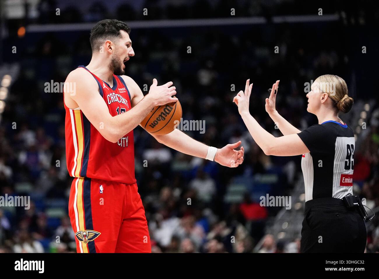 New Orleans Pelicans forward Karlo Matkovic appeals to referee Jenna ...