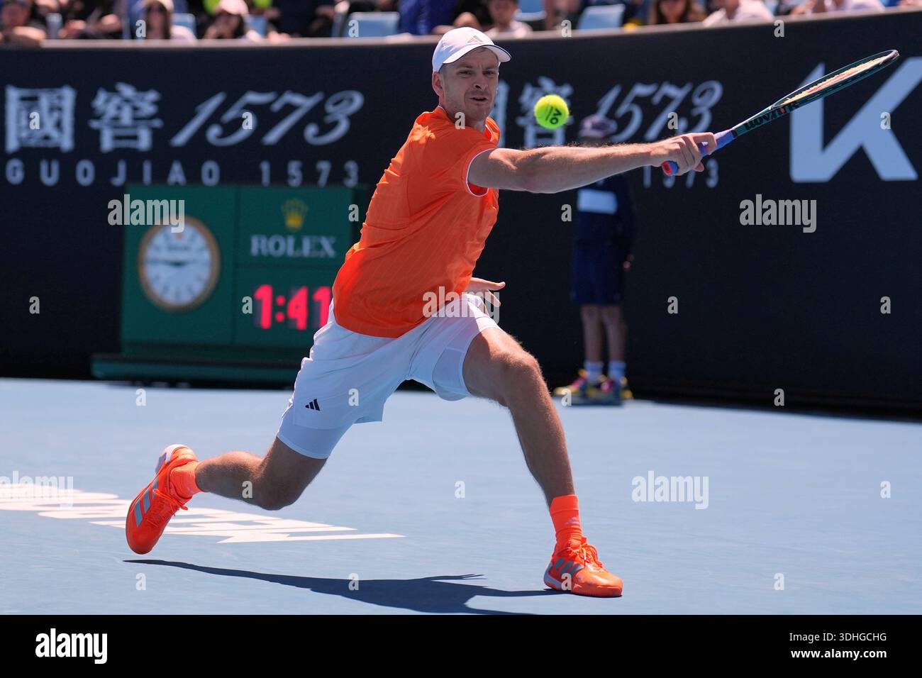 Hubert Hurkacz of Poland plays a backhand return to Ethan Quinn of the ...