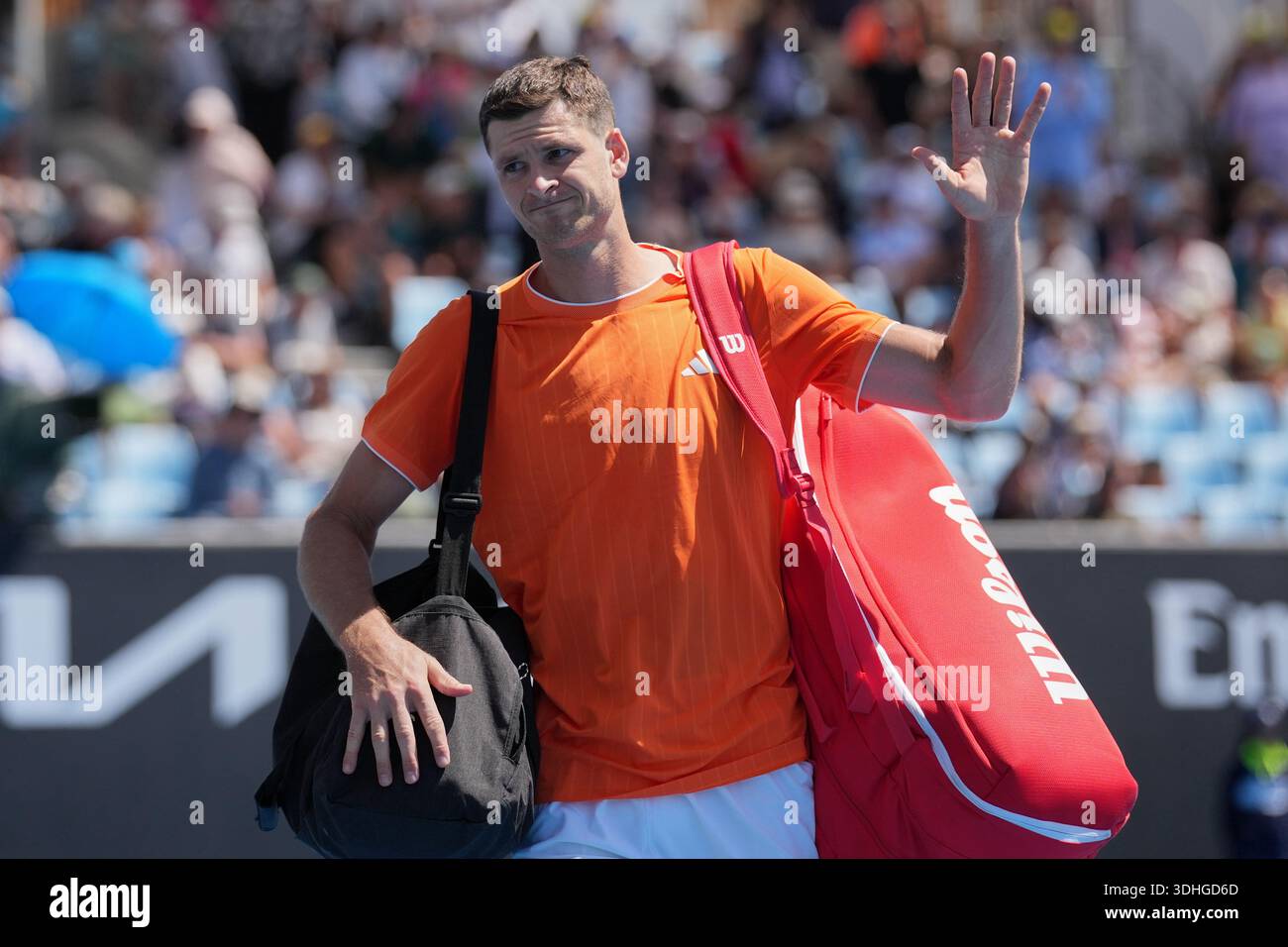 Hubert Hurkacz of Poland reacts as he leaves the court following his ...