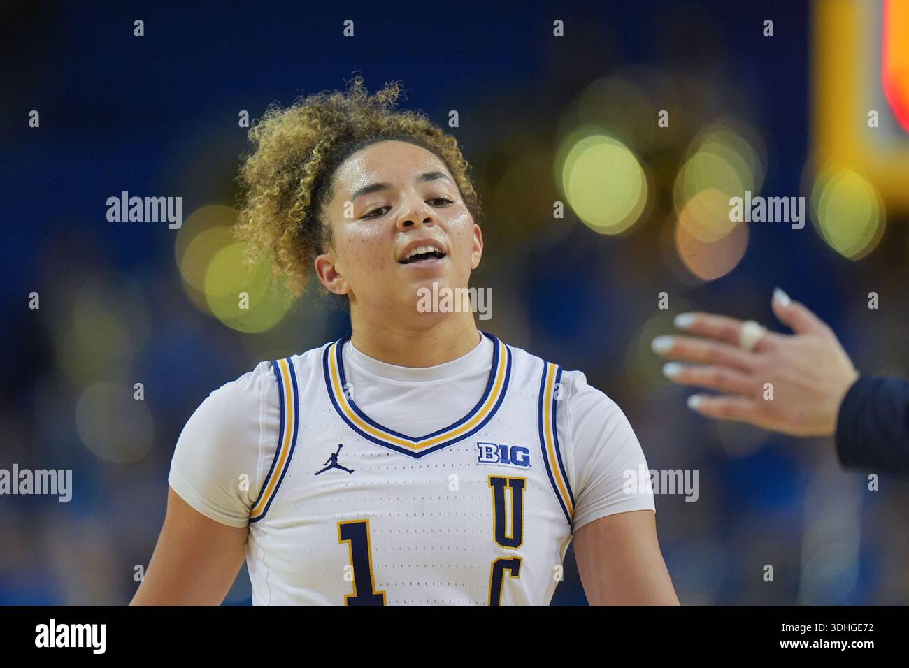 UCLA guard Kiki Rice (1) walks off the court after the team's NCAA ...