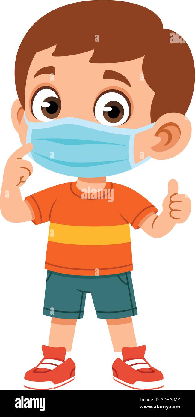 Flat design illustration of a boy character wearing a face mask Stock ...