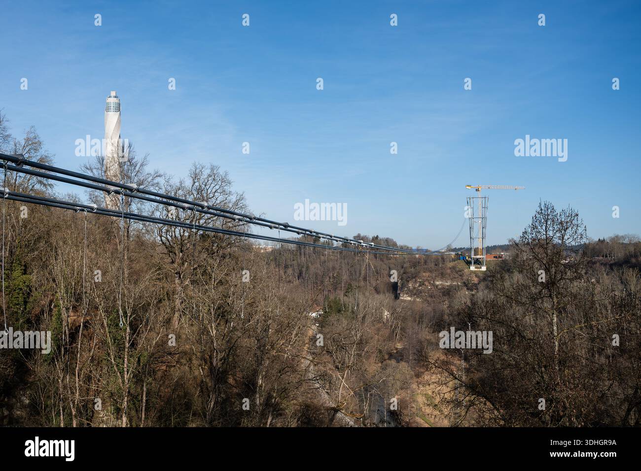 Rottweil, Germany. 21st Jan, 2026. The "Neckar Line" suspension bridge ...