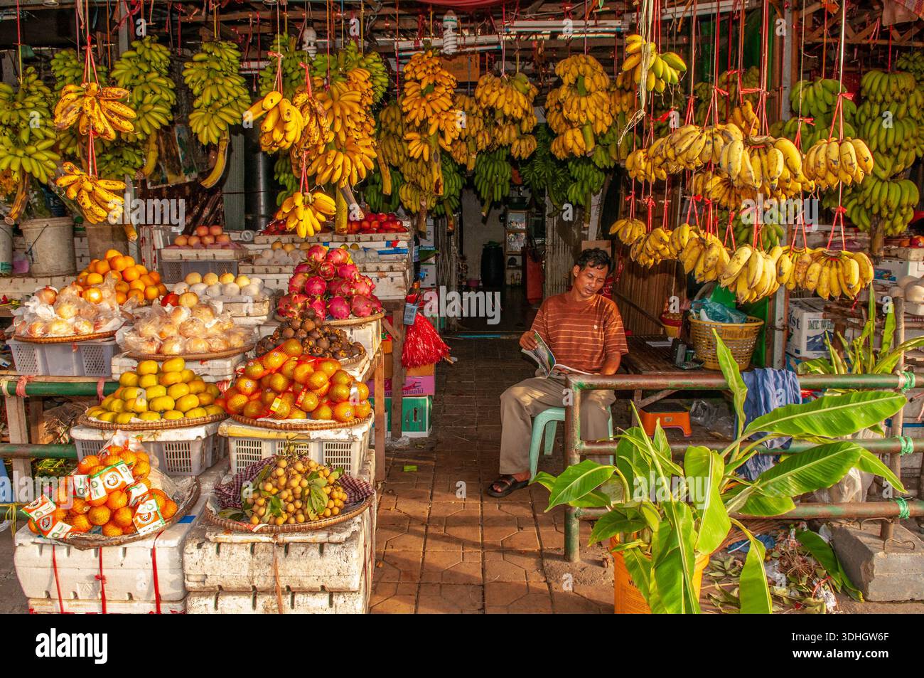 a male fruit vendor reads a magazine at an open air fruit stand ...