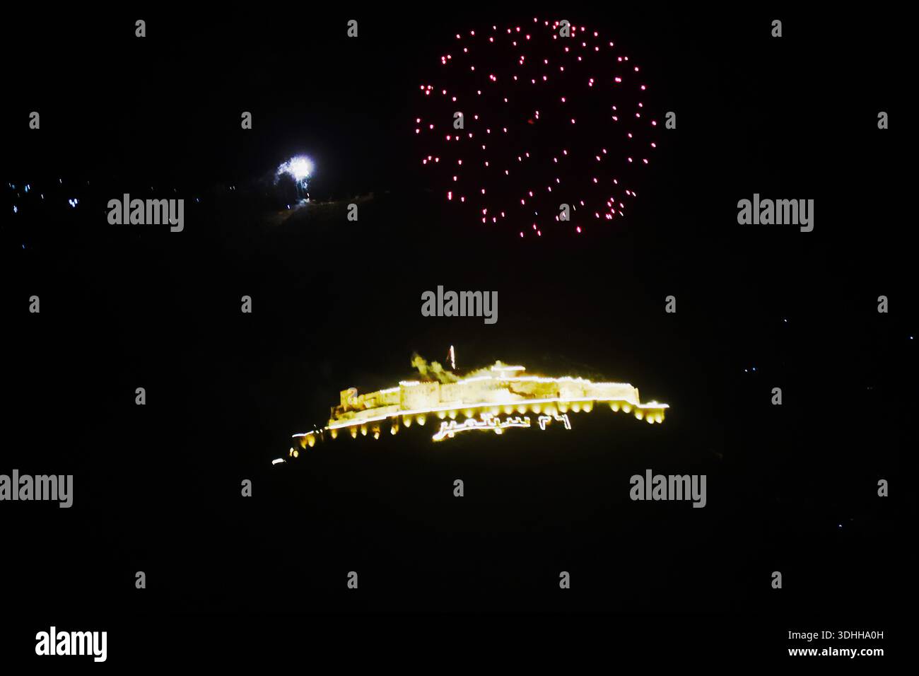 TAIZ, Yemen – 26 September 2025: An aerial view shows fireworks ...