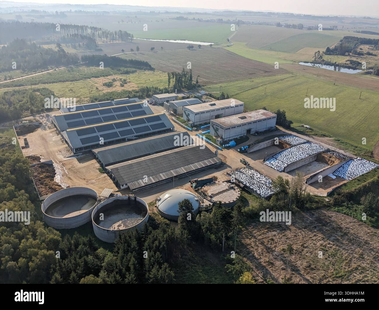 Aerial panorama landscape of biogas power plant and surrounding ...