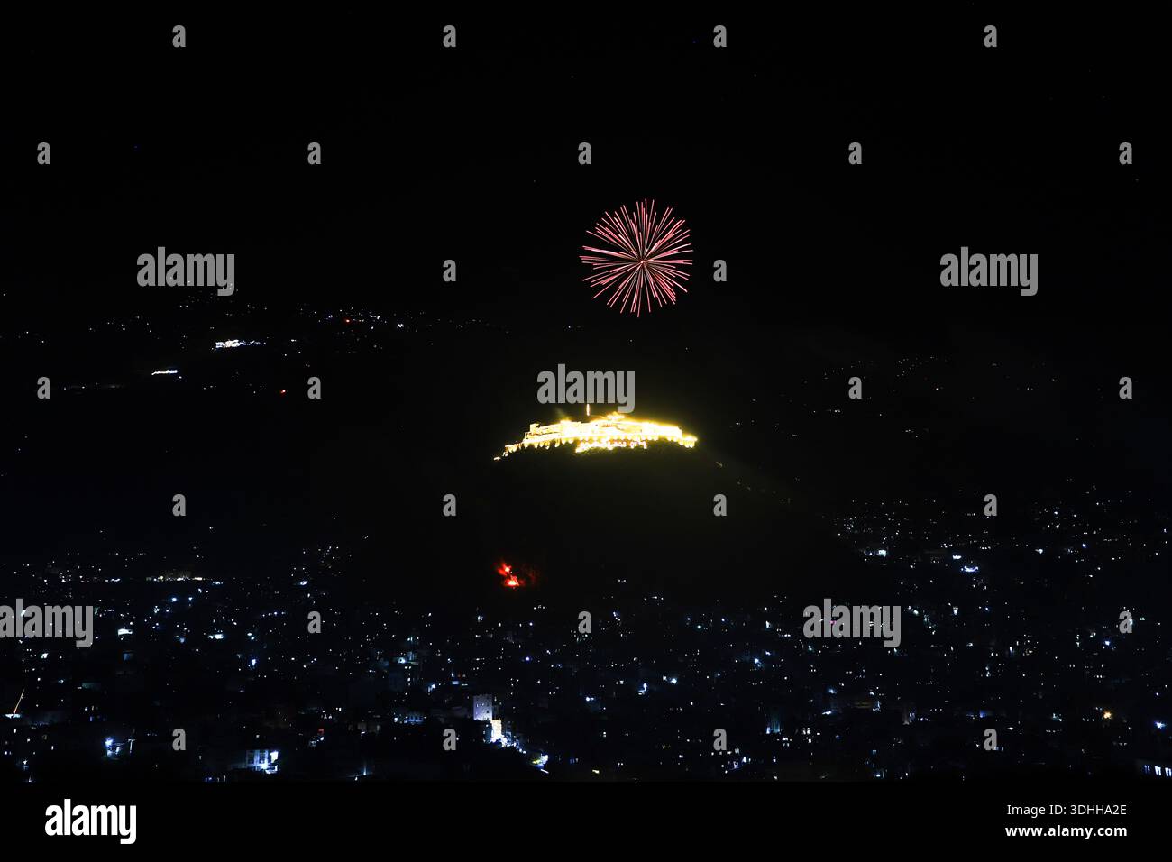 TAIZ, Yemen – 26 September 2025: An aerial view shows fireworks ...