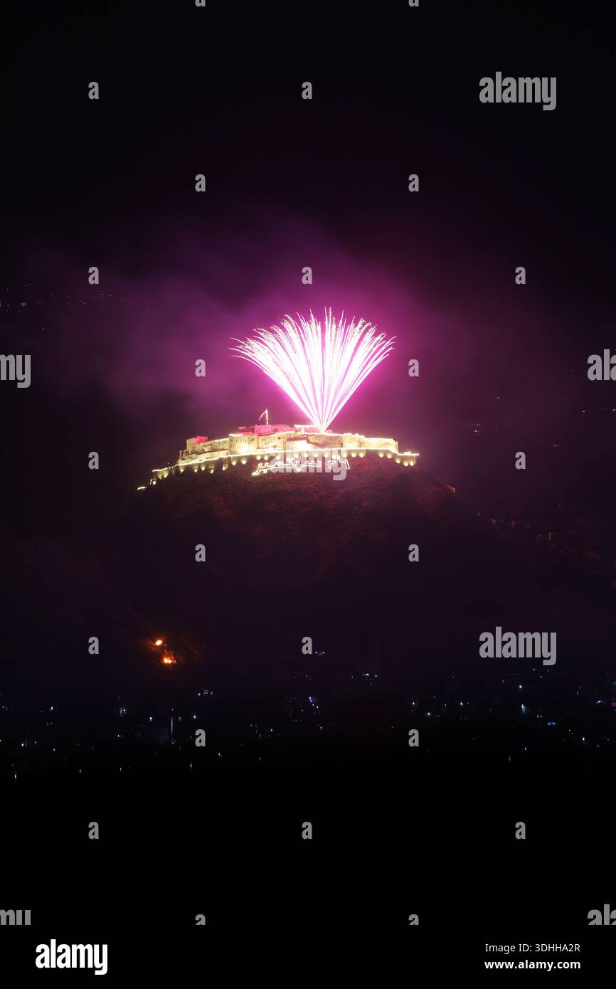 TAIZ, Yemen – 26 September 2025: An aerial view shows fireworks ...