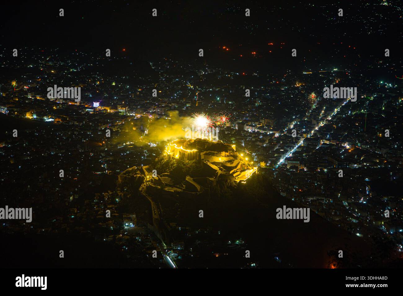 TAIZ, Yemen – 26 September 2025: An aerial view shows fireworks ...